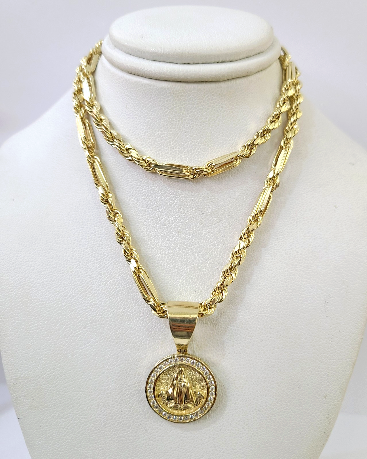 10k Gold Milano Rope Chain Virgin Mary Charm Necklace SET 3mm 18"-26 ...