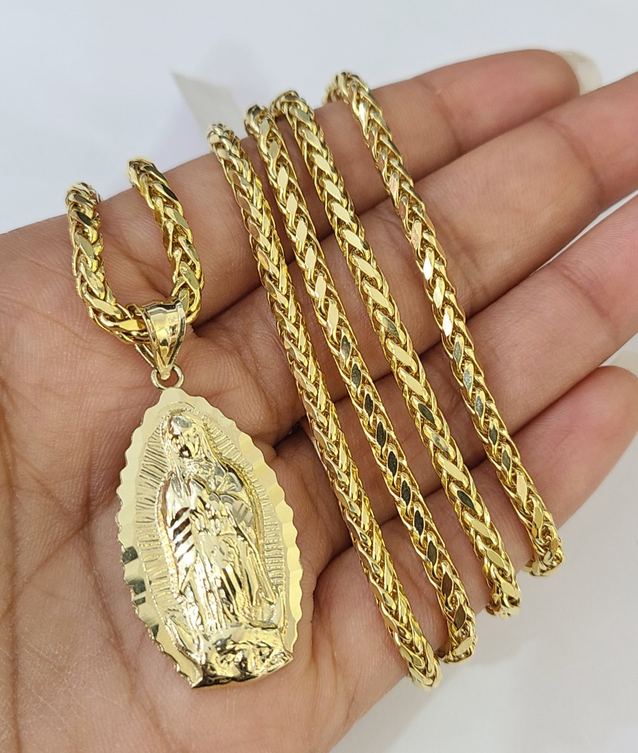 REAL 10k Yellow Gold Palm Chain Virgin Mary Pendant Charm 3mm SET Neck ...
