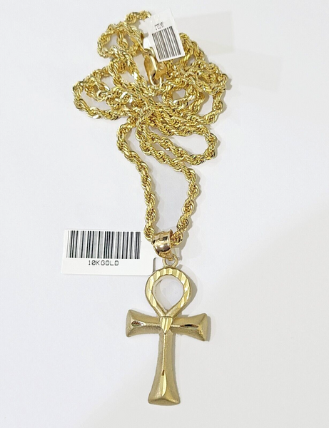 10k Gold Rope Chain & Ankh Cross Charm Pendent SET 3mm 22Inches Neckla ...