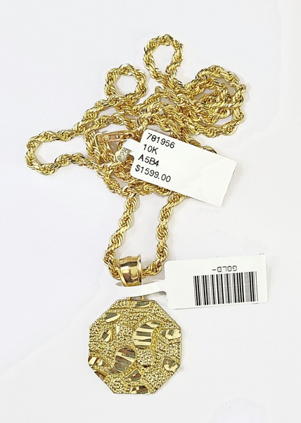 10k Gold Rope Chain & Octagonal Nugget Charm Pendent SET 3mm 22Inches ...